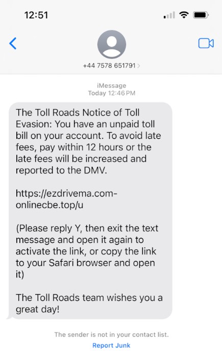 Scam - Text About Unpaid Tolls - River Edge Police